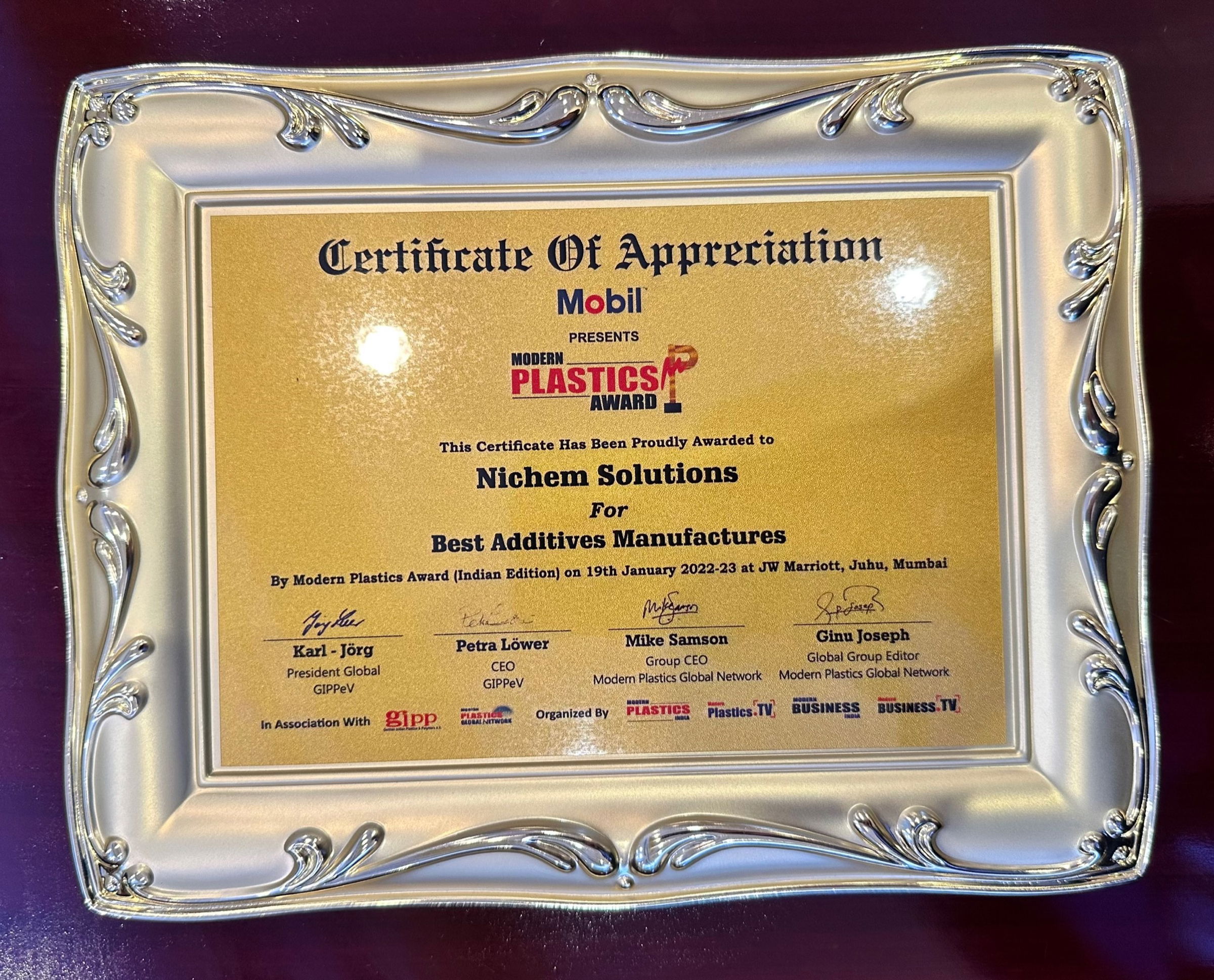 NICHEM Solutions receives Modern Plastic Awards 2022-23 for Best ...